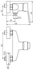 Sprchová, nástěnná, páková baterie Metalia Plano rozteč 150 mm