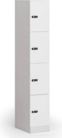Šatní skříňka S1 s úložnými boxy, 4 boxy, 1850 x 300 x 500 mm, mechanický kódový zámek, laminované dveře, bílá