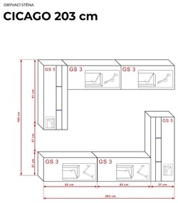 Ral Obývací stěna CHICAGO 1, 203 cm - Sonoma