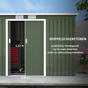 Kůlna Outsunny, zahradní kůlna, kůlna na nářadí s posuvnými dveřmi, větrací okno, jednoplášťová střecha, venkovní, ocel, světle zelená, 280 x 130 x 1…