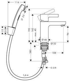 Hansgrohe Metris S - Bidetta 1jet, ruční sprcha, páková umyvadlová baterie, sada 1,60m, chrom 31160000