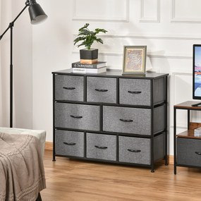 HOMCOM Komoda s 8 textilními zásuvkami, úložná skříň s úchyty, kovový rám, moderní design do ložnice a obývacího pokoje v tmavě šedé barvě