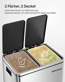 Songmics Dvojitý odpadkový koš na tříděný odpad 2x15 l, stříbrný LTB30H