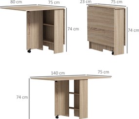 Skládací jídelní stůl HOMCOM – Sklápěcí stůl do kuchyně s kolečky, sklápěcími křídly a policemi pro 4-6 osob 75x140x74 cm Přírodní