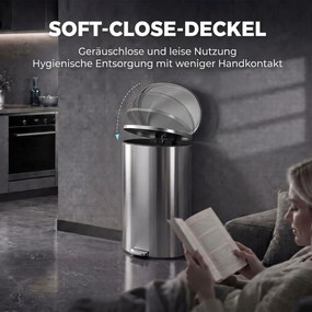 HOMCOM Odpadkový koš s víkem Soft-Close, pedálový koš s vyjímatelným vnitřním kbelíkem 30L, stříbrný