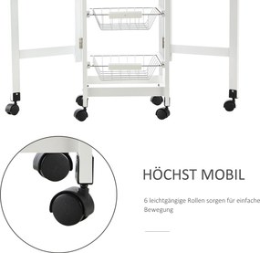 HOMCOM Skládací kuchyňský vozík s 6 koly, 1 zásuvkou a 3 kovovými koši - Multifunkční servisní vozík pro úložný prostor s nosností 50 kg, 97,2x37x77,…