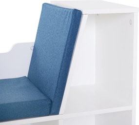 HOMCOM Knihovna s lavicí 2 v 1 Moderní design 6 oddílů 3 polštáře 102Š x 30H x 61V cm Bílá Modrá