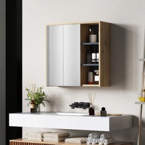HOMCOM Koupelnová skříňka s zrcadlem - Nástěnná koupelnová skříňka se zrcadlem a policemi, moderní styl 60x20x60 cm, přírodní dřevo