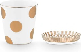Pip Studio Dot Delight hrnek bez ucha s odkládacím táckem 270ml, bílo-zlatý (hrnek bez ucha z tenkostěnného porcelánu)