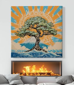 Obraz na plátně - Strom života Slunce a hora Fuji FeelHappy.cz Velikost obrazu: 80 x 80 cm