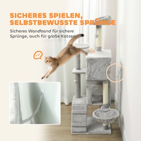 Kočičí škrabadlo 140 cm, strom pro kočky, pelíšky, hamaka, sisalové sloupky, více úrovní, světle šedé