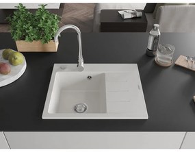 Mexen Ben, 1-komorový granitový dřez 600x500x190 mm, levý+ chromový sifon, bílá, 6522605000-20