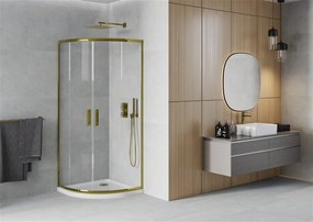 Mexen Rio, čtvrtkruhový sprchový kout s posuvnými dveřmi 80 (dveře) x 80 (dveře) x 190 cm, 5mm čiré sklo, zlatý profil + bílá sprchová vanička SLIM, 863-080-080-50-00-4110G