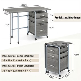 Costway Skládací počítačový stůl se 3 zásuvkami a kolečky Prostorově