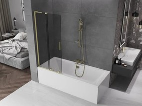 Mexen Velar L, 2-křídlová posuvná vanová zástěna 85 x 150 cm, 8mm šedé sklo, zlatá matná, 896-085-003-41-55