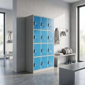 Kovová šatní skříňka - 12 boxů, 90 x 40 x 185 cm, otočný zámek, šedá - ral 7035