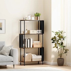 HOMCOM 4patrový úložný regál s 4 policemi, zahnuté bočnice, industriální ocelový rám pro kancelář, obývák, ložnici — 80 x 30 x 141 cm, hnědá