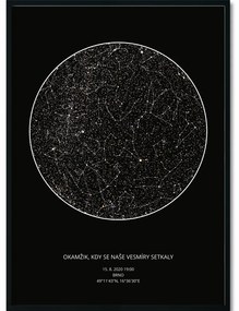 Hvězdná mapa Vašeho životního okamžiku Rozměr plakátu: 30 x 40 cm, Barva pozadí: Černá, Volba rámu: Lípa dřevěný rám