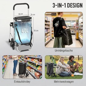 HOMCOM Nákupní vozík, 40 l Oxford taška, 3-kolové provedení, hliníkový rám, sedadlo, Tmavě šedá