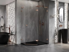 Mexen Lunar, L pravý výklopný pětiúhelníkový sprchový kout 100 x 80 cm, 8mm čiré sklo, profil měděná matná, 831L-100P-080L-65-00-P