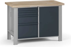 Dílenský pracovní stůl G7, buková spárovka, 1200 x 685 x 840 mm, 1x skříňka, 4 zásuvky, grafit
