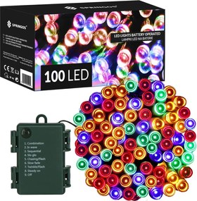 LED světelný řetěz - 10,5m, 100LED, 8 funkcí, 3xAA, IP44, multicolor