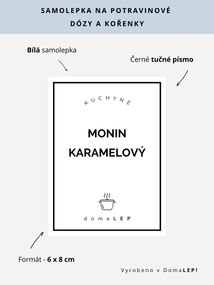 Samolepka na láhev MONIN KARAMELOVÝ 6 x 8 cm – bílá vinylová, voděodolná, omyvatelná samolepka na dózy, tučné písmo