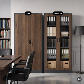 Kovová skříň s vitrínou antracitová, ořech, 900x1850x400 mm: AMELIA Eco Design