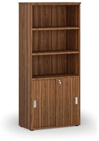 Kombinovaná kancelářská skříň PRIMO WOOD, zasouvací dveře na 2 patra, 1781 x 800 x 420 mm, ořech