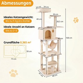 Costway Kočičí strom 168 cm Vícepatrové škrabadlo s domečkem pro kočky