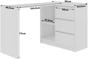 Rohový psací stůl B16 124 cm bílý/černý lesk pravý