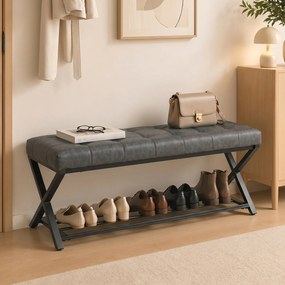 HOMCOM čalouněná lavice na boty s úložným prostorem — průmyslový X-rám z oceli, PU kůže, nosnost 220 kg, 112 × 37 × 47 cm, tmavě šedá
