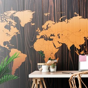 Samolepící tapeta oranžová mapa na dřevě - 150x100 cm
