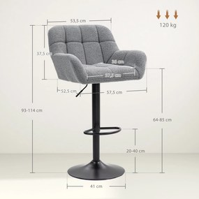 HOMCOM Barová židle Sada 2 kusů Retro design Výškově nastavitelná Fleece optika Šedá + Černá