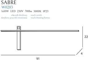 Maxlight W0283 SABRE  Nástěnné svítidlo stmívatelné s dotykovým spínačem, IP23, 91 cm, černé