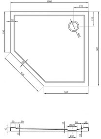 Mexen Flow Slim, pravostranná pětiúhelníková sprchová vanička slim 100 x 90 cm, bílá lesklá, 46P109010R