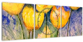 Obraz - Žluté tulipány (s hodinami) (90x30 cm)