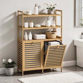 HOMCOM bambusová skříňka do koupelny s koši na prádlo – 3patrové úložiště se 2 odnímatelnými látkovými koši, 80 × 30 × 118 cm, dub