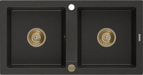 Mexen Mario, granitový dřez 820x436x161 mm, 2-komorový, černá-zlatá metalíza se zlatým sifonem, 6504822000-75-G