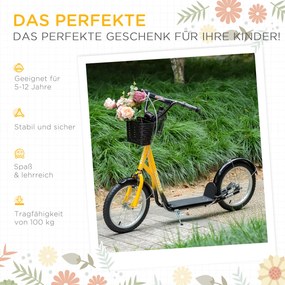 HOMCOM Dětská koloběžka, výškově nastavitelná, protiskluzová, ocelový rám, odnímatelný košík, brzdy, gumová kola