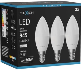 Mexen Nova 3x LED žárovka E14, C37, 9W, Neutrální - 4000K, 945 lm - L102-E14-0940-01x03
