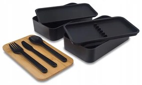 Svačinový box DUO LUNCH s příborem, černý/bambus