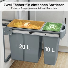 HOMCOM Vysunovací odpadkový koš, kuchyňský koš s 2 vyjímatelnými nádobami, rukojeť, 30 litrů (20 L + 10 L), kov, šedá