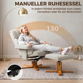 HOMCOM relaxační křeslo, opěradlo nastavitelné do 130°, otočné křeslo 360° s podnožkou, krémově bílé