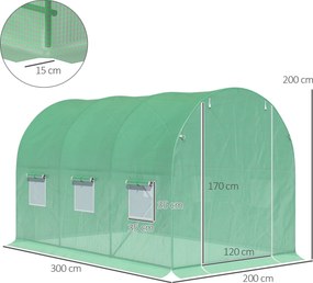 Zahradní tunelová skleník Outsunny s plochou 6m², 3D x 2Š x 2V m, zpevněný tubulární rám, zipová vrata a 6 oken s možností rolování