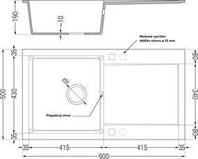 Kuchyňský granitový dřez LEO - 90 x 50 cm - šedý, 6501901010-71
