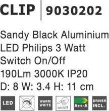 Nástěnné LED svítidlo NOVA LUCE CLIP 3W 3000K černé s vypínačem 9030202