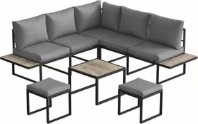 Outsunny modulární zahradní lounge pro 6 osob s konferenčním stolem a bočními stolky v PSPC dřevěném dekoru, tlusté 10 cm polštáře, šedá