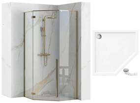 Pětiúhelníkový sprchový kout REA DIAMOND 90x90 cm, zlatý/transparent + vanička Diamond černá