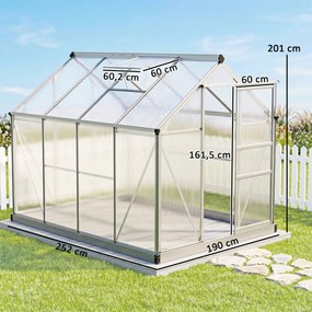 Outsunny hliníkový skleník, 4,79 m² (190 × 252 × 201 cm / 6'3" × 8'3" × 6'7"), základna, střešní ventilace, posuvné dveře, 4 mm UV-odolné panely – za…